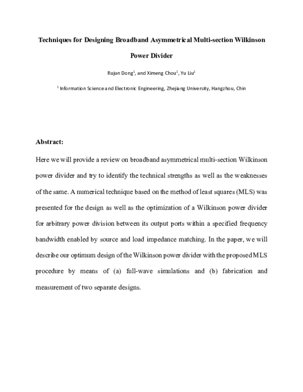 (PDF) Techniques for Designing Broadband Asymmetrical Multi-section Wilkinson Power Divider
