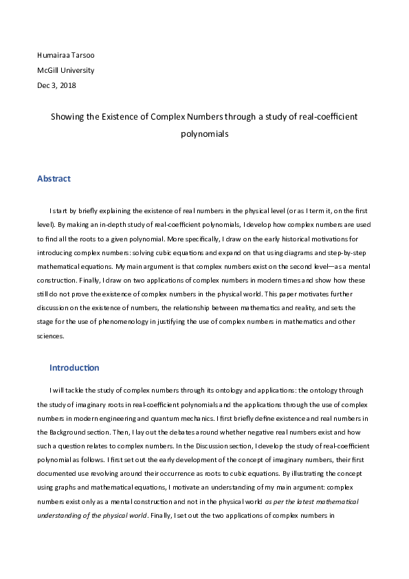 (DOC) Showing the Existence of Complex Numbers through a study of real ...