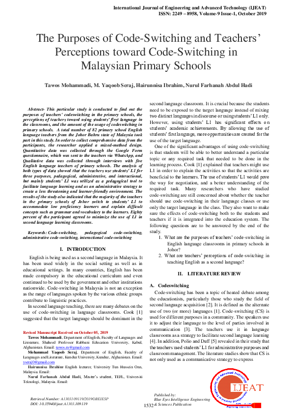 (PDF) The Purposes of Code-Switching and Teachers’ Perceptions toward Code-Switching in ...