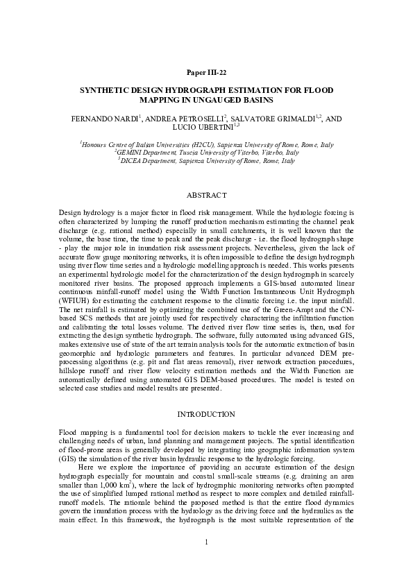 (PDF) SYNTHETIC DESIGN HYDROGRAPH ESTIMATION FOR FLOOD MAPPING IN UNGAUGED BASINS