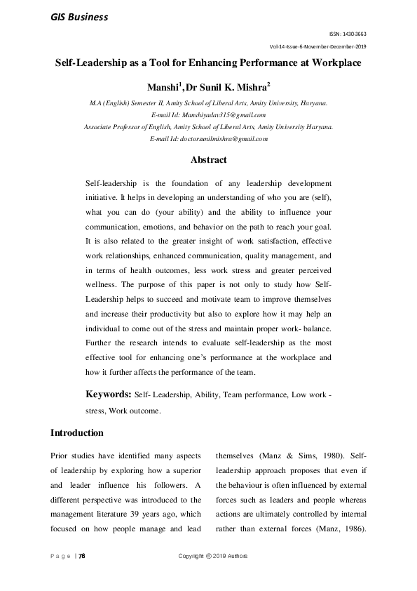 (PDF) Self-Leadership as a Tool for Enhancing Performance at Workplace