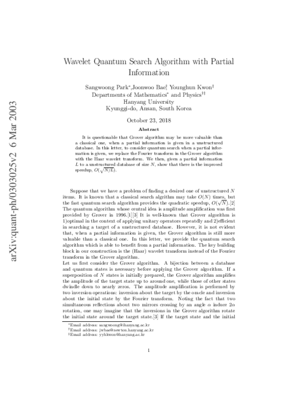 (PDF) Wavelet Quantum Search Algorithm with Partial Information