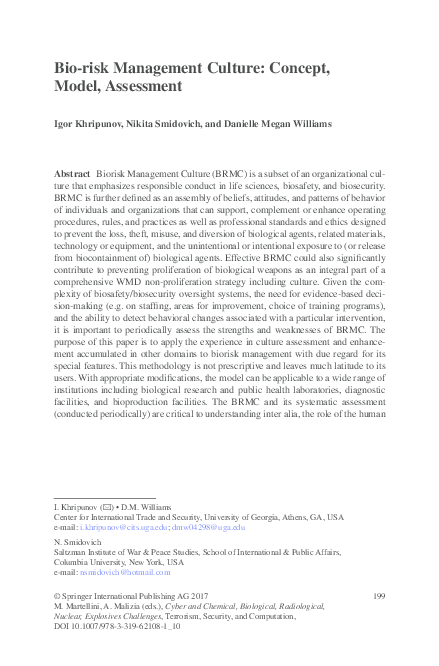 (PDF) Bio-risk Management Culture: Concept, Model, Assessment