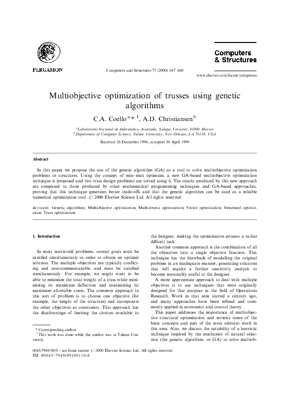 Pdf Multiobjective Optimization Of Trusses Using Genetic Algorithms