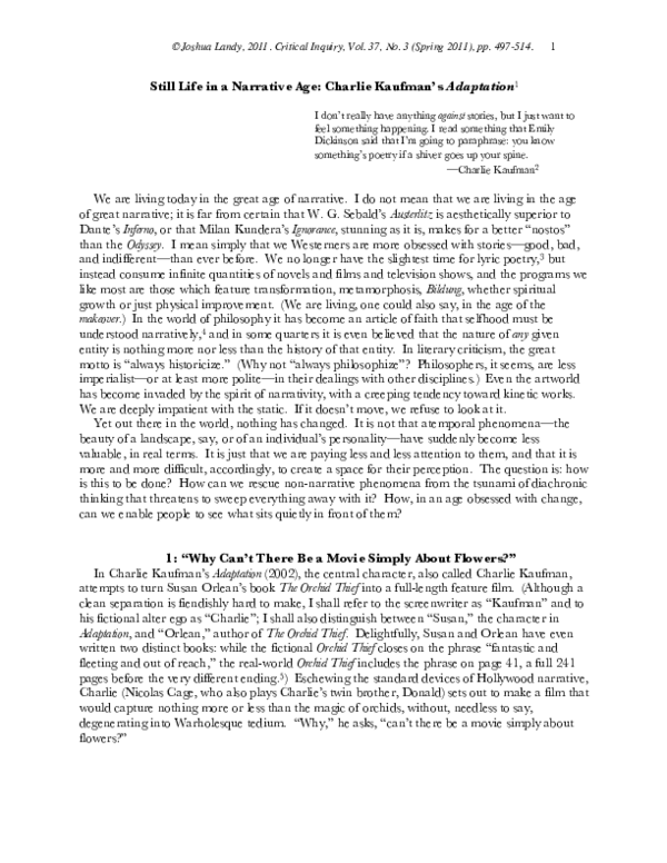 (PDF) Still Life in a Narrative Age: Charlie Kaufman's Adaptation