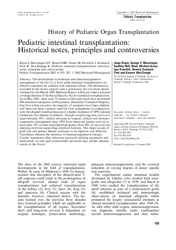 (PDF) Pediatric intestinal transplantation: Historical notes ...