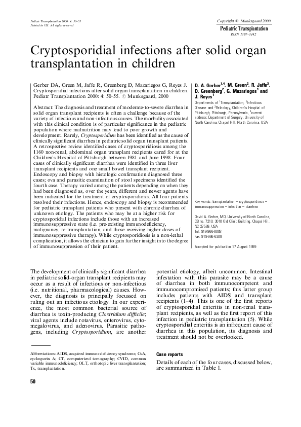 (PDF) Cryptosporidial infections after solid organ transplantation in ...