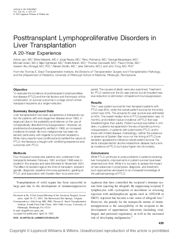 (PDF) Post-transplant lymphoproliferative disorders (PTLD) in liver ...