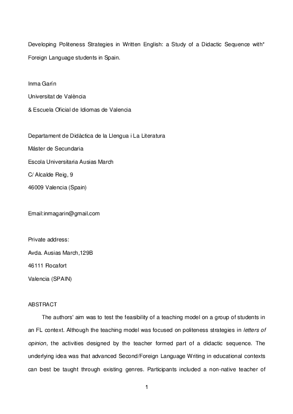 (PDF) Developing Politeness Strategies in Written English: a Study of a Didactic Sequence with ...