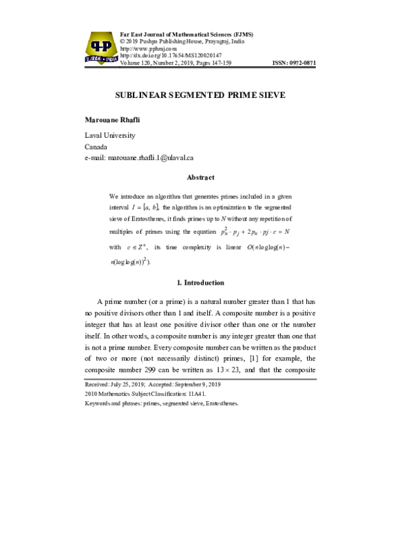 (PDF) SUBLINEAR SEGMENTED PRIME SIEVE