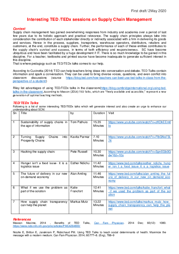 (PDF) List of Interesting TED /TEDx Talks on Supply Chain Management Context