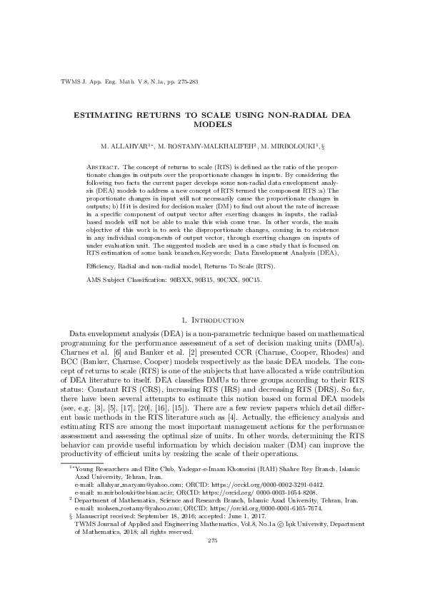 (PDF) ESTIMATING RETURNS TO SCALE USING NON-RADIAL DEA MODELS