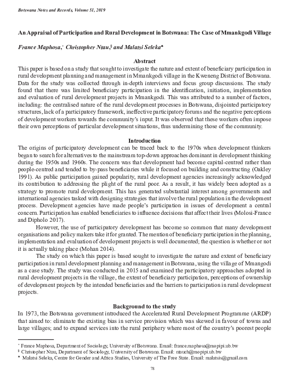 (PDF) An Appraisal of Participation and Rural Development in Botswana ...