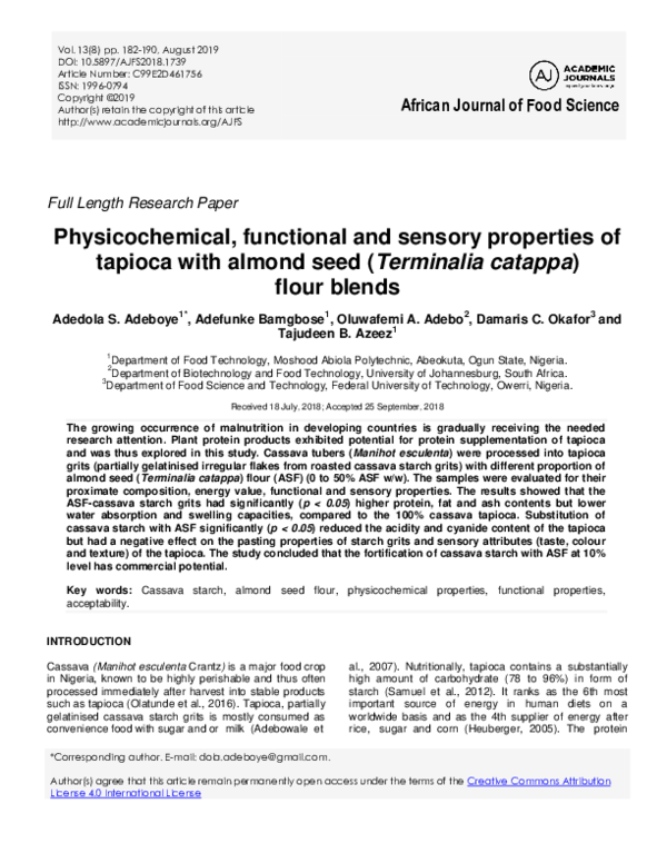 (PDF) Physicochemical, functional and sensory properties of tapioca with almond seed (Terminalia ...