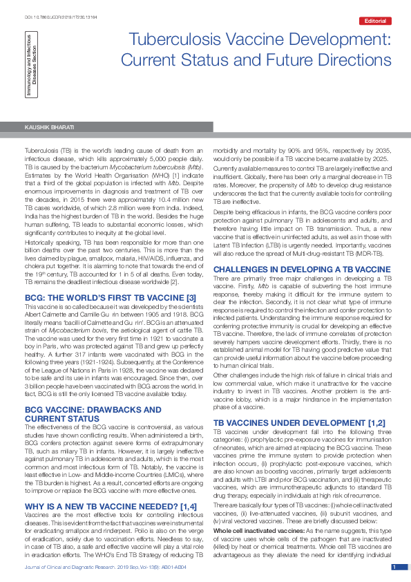 (PDF) Tuberculosis vaccine development: Current status and future ...
