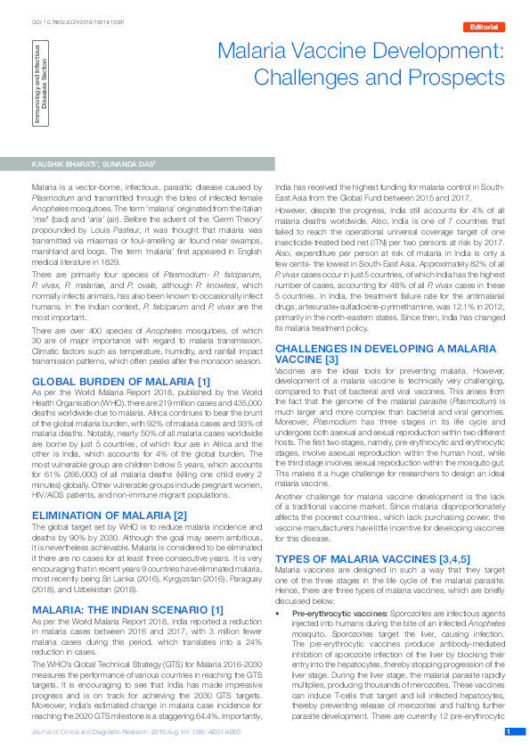 (PDF) Malaria vaccine development: Challenges and prospects