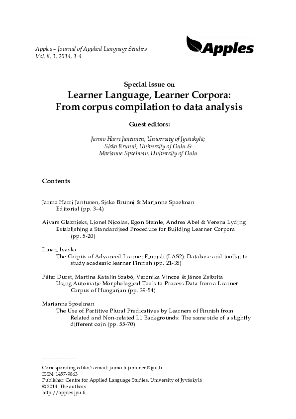 (PDF) Special issue on Learner Language, Learner Corpora: From corpus ...