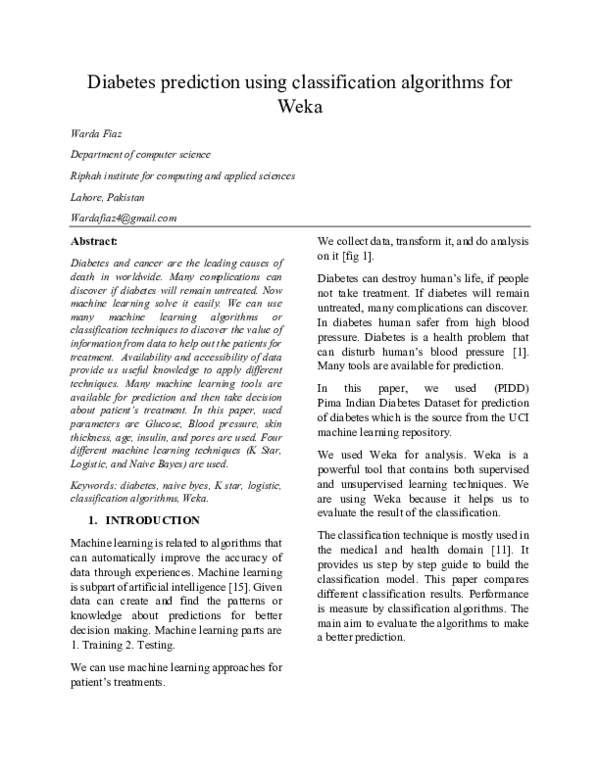 (PDF) Diabetes prediction using classification algorithms for Weka