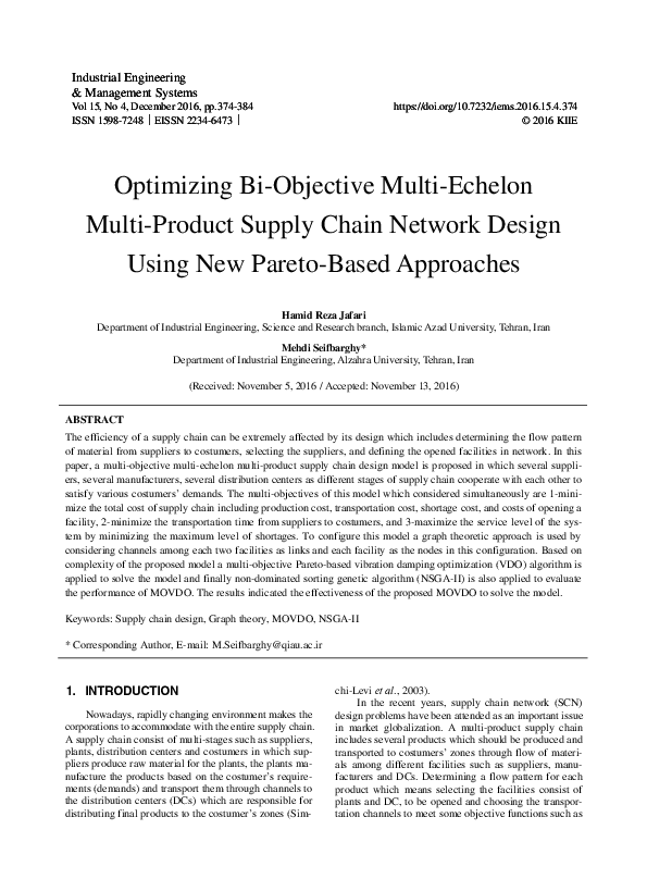 Pdf Optimizing Bi Objective Multi Echelon Multi Product Supply Chain Network Design Using New