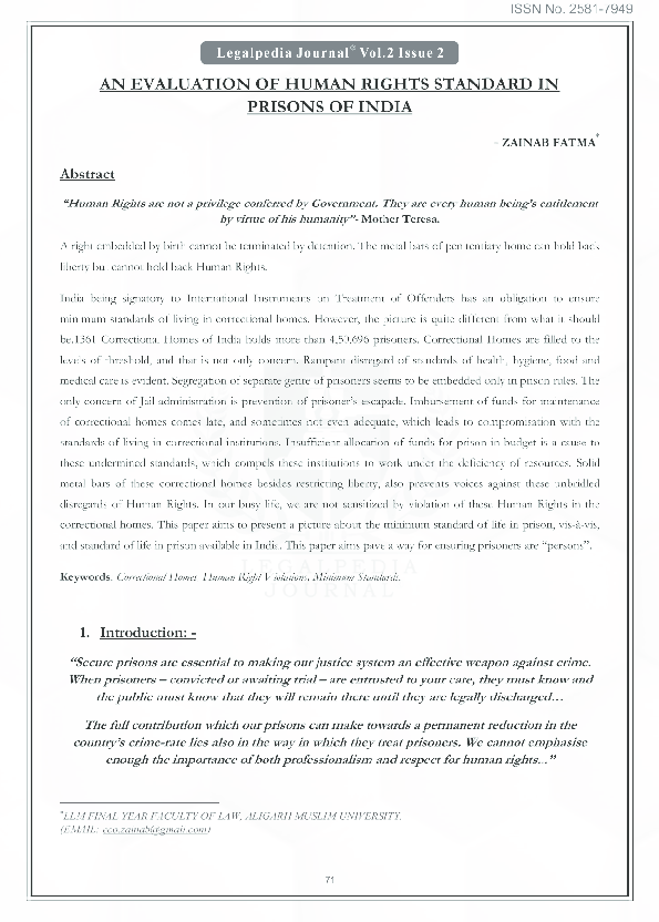 (PDF) An Evaluation of Human Rights Standard In Prisons of India