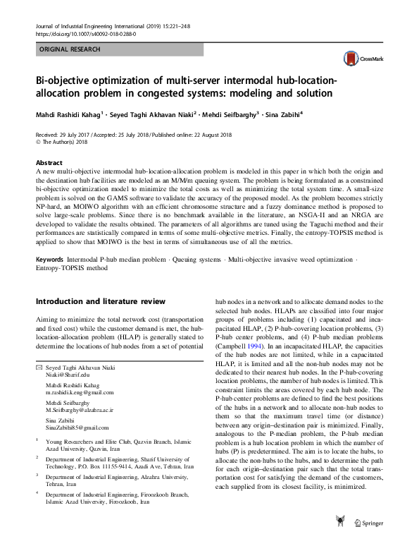 Pdf Bi Objective Optimization Of Multi Server Intermodal Hub Location