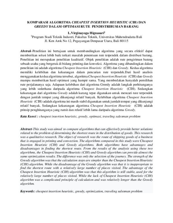 (PDF) KOMPARASI ALGORITMA CHEAPEST INSERTION HEURISTIC (CIH) DAN GREEDY DALAM OPTIMASI RUTE ...