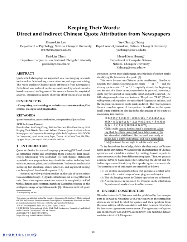 (PDF) Keeping Their Words: Direct and Indirect Chinese Quote ...