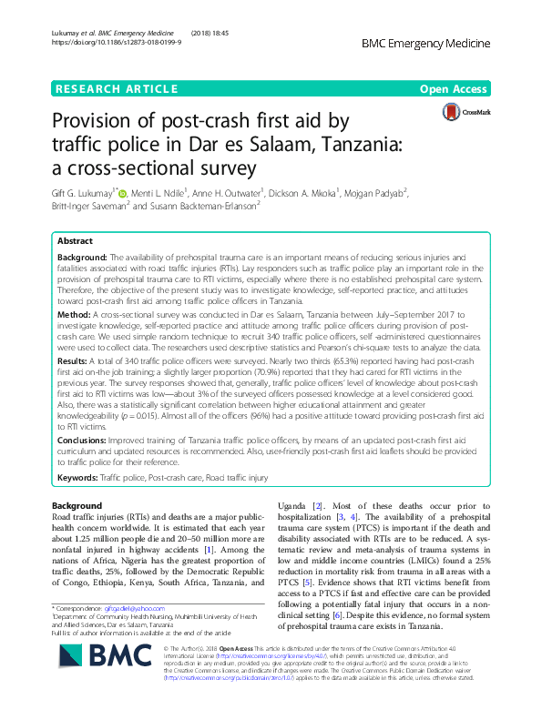 (PDF) Provision of post-crash first aid by traffic police in Dar es ...