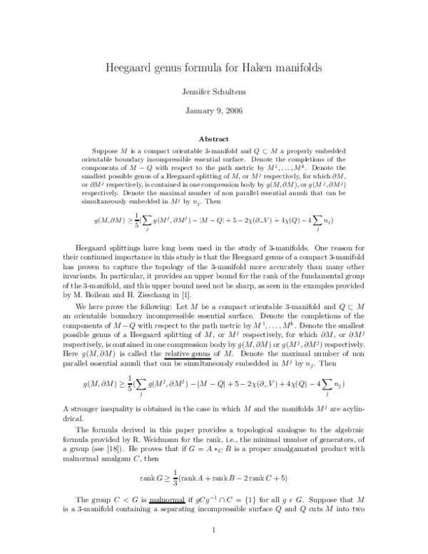 (PDF) Heegaard Genus Formula for Haken Manifolds | Jennifer Schultens ...