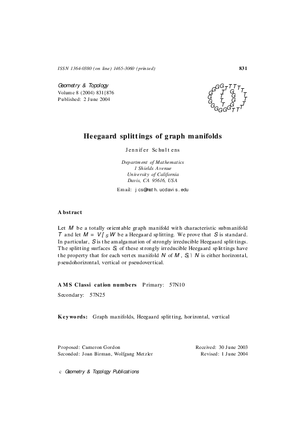 (PDF) Amalgamation of Heegaard splittings is unique | Jennifer ...