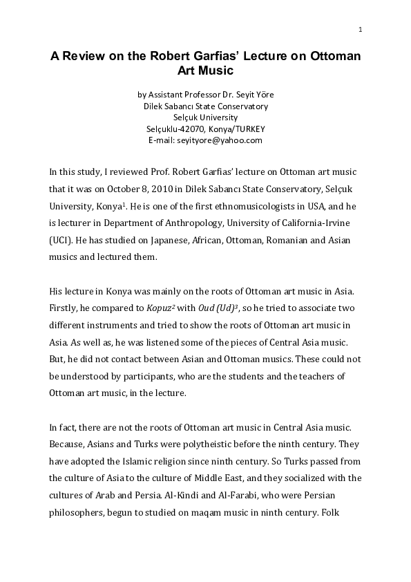 (PDF) A Review on the Robert Garfias’ Lecture on Ottoman Art Music ...