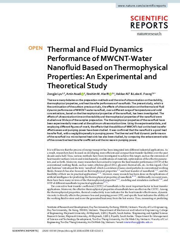 (PDF) thermal and fluid Dynamics performance of MWcnt-Water Nanofluid Based on Thermophysical ...