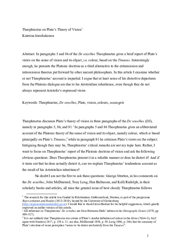(DOC) Theophrastus on Plato’s theory of vision [penultimate version]