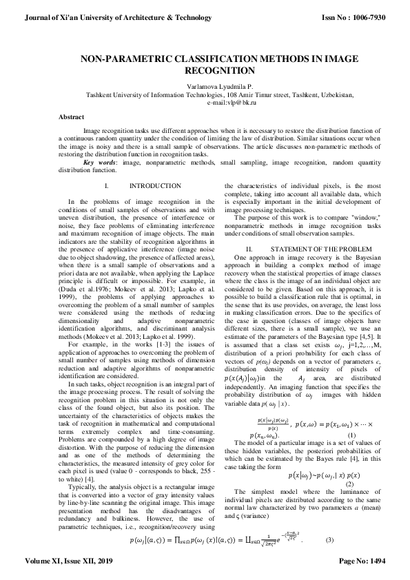 Pdf Non Parametric Classification Methods In Image Recognition