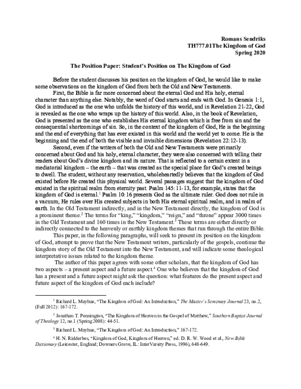 (PDF) Theological Position Paper on The Kingdom of God