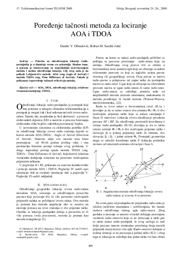 (PDF) Poreñenje tačnosti metoda za lociranje AOA i TDOA