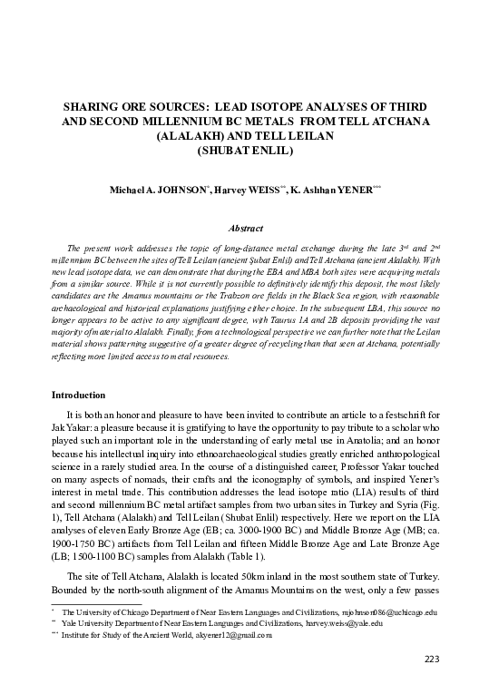 (PDF) SHARING ORE SOURCES: LEAD ISOTOPE ANALYSES OF THIRD AND SECOND ...