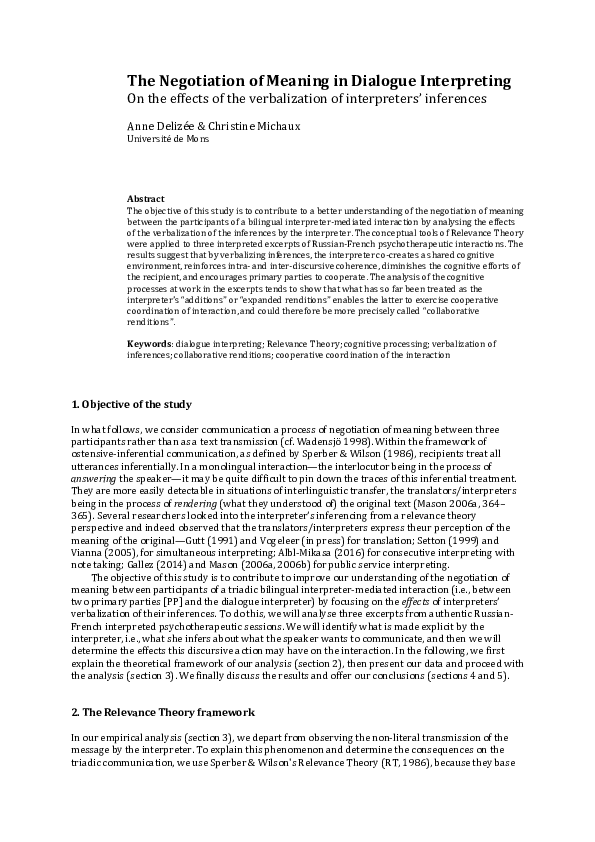 (PDF) The negotiation of meaning in dialogue interpreting. On the ...