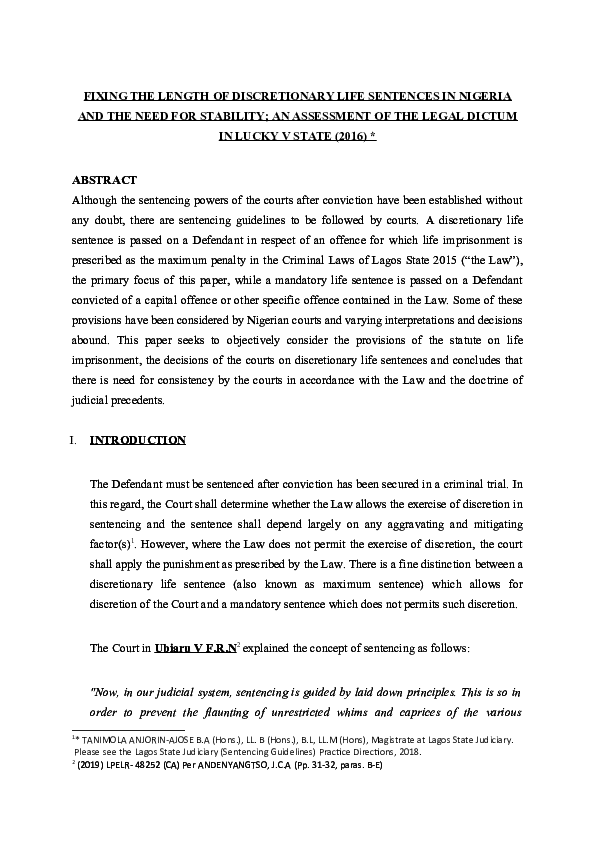 (DOC) FIXING THE LENGTH OF DISCRETIONARY LIFE SENTENCES IN NIGERIA AND ...