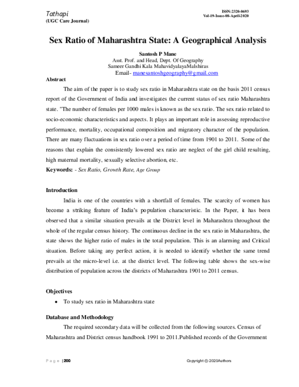 Pdf Sex Ratio Of Maharashtra State A Geographical Analysis Santosh P Mane