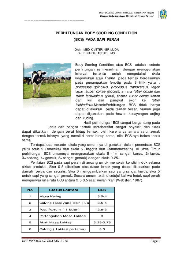 (PDF) BODY SCORING CONDITION PADA TERNAK SAPI PERAH