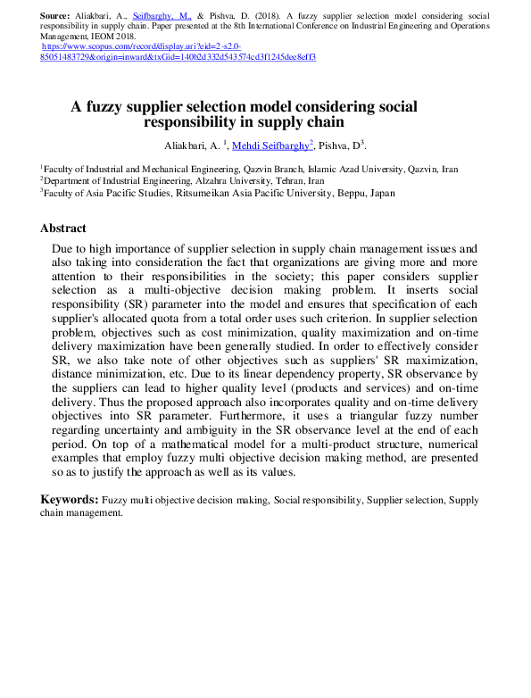 Pdf A Fuzzy Supplier Selection Model Considering Social Responsibility In Supply Chain