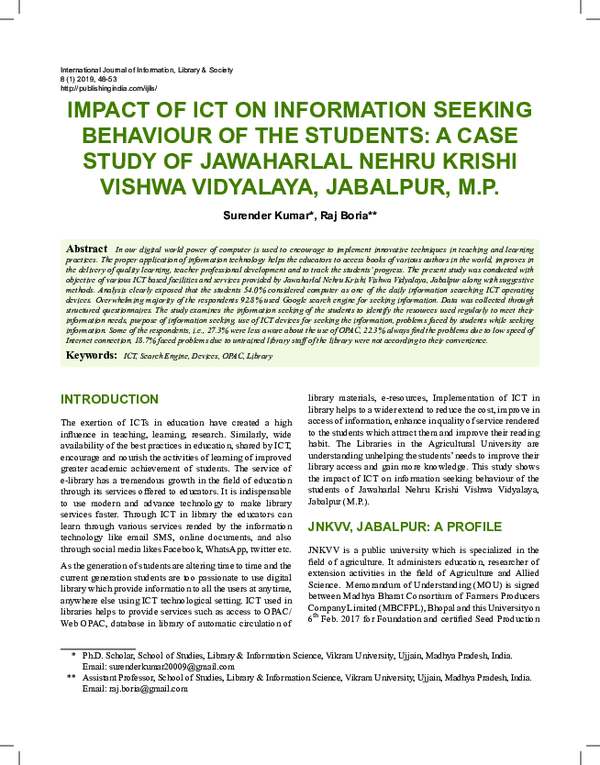 (PDF) Impact of ICT on Information Seeking Behaviour of the Students: A ...