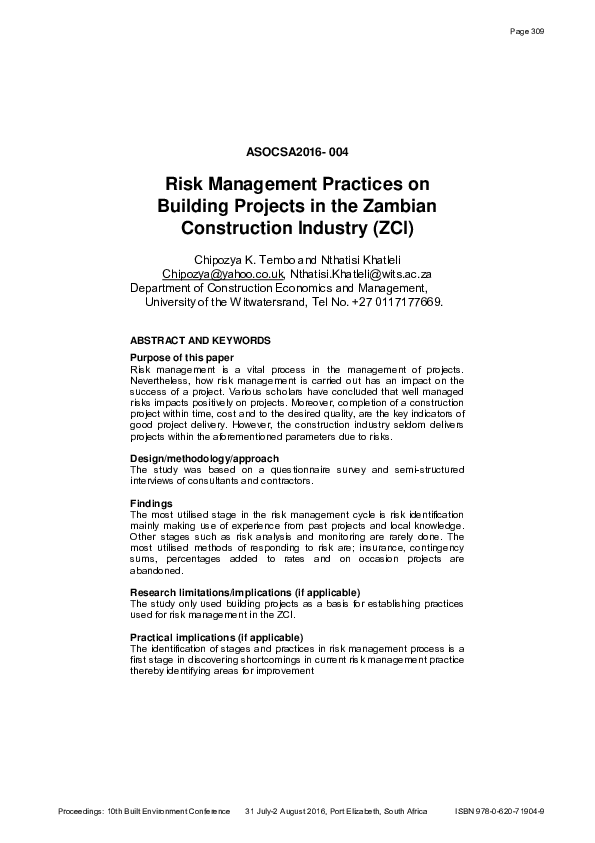 (PDF) Risk Management Practices on Building Projects in the Zambian ...