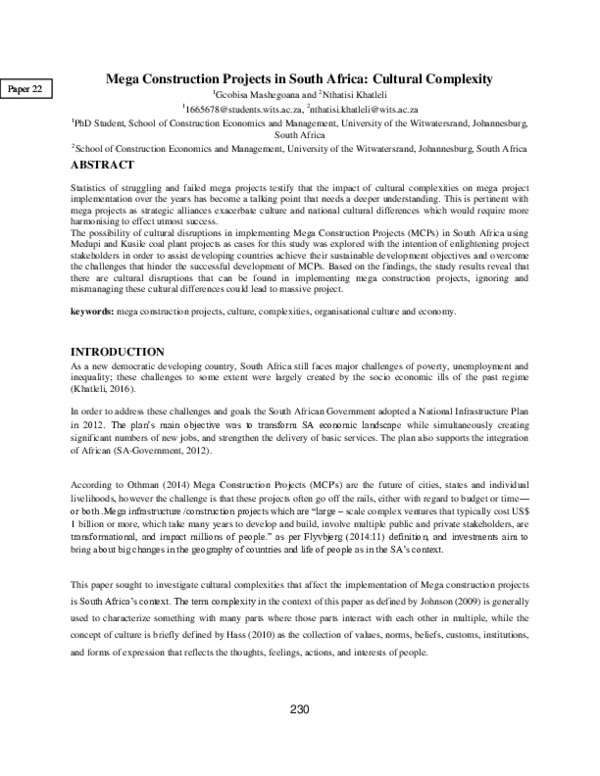 (PDF) Mega Construction Projects in South Africa: Cultural Complexity