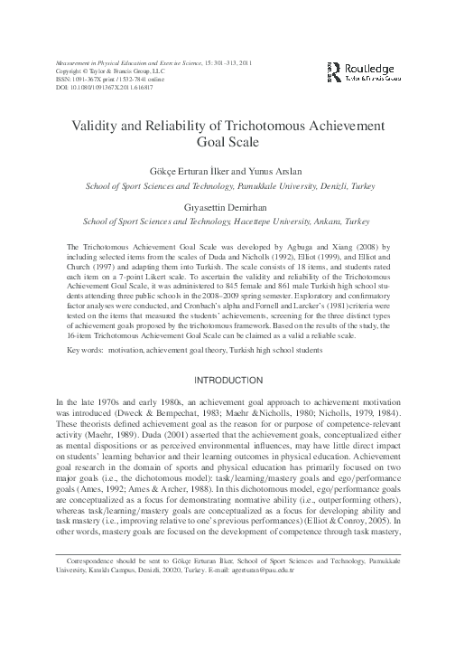 (PDF) Validity and Reliability of Trichotomous Achievement Goal Scale ...