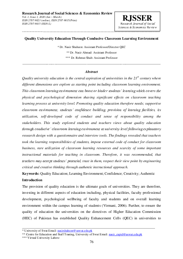 (PDF) Quality University Education Through Conducive Classroom Learning ...