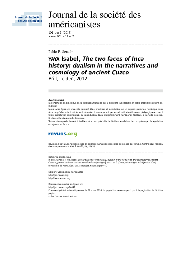 (PDF) Review I. Yaya - The Two Faces of Inca History: Dualism in the ...