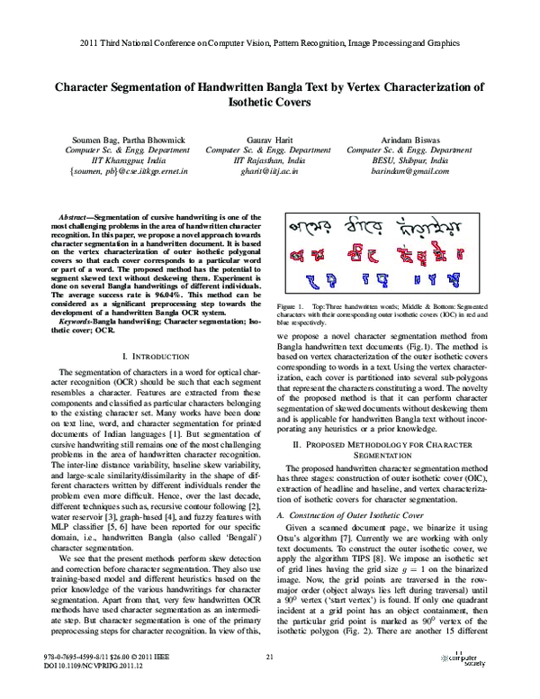 (PDF) Character Segmentation of Handwritten Bangla Text by Vertex Characterization of Isothetic ...