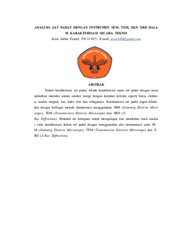 (DOC) ANALISIS ZAT PADAT DENGAN INSTRUMEN SEM, TEM, DAN XRD